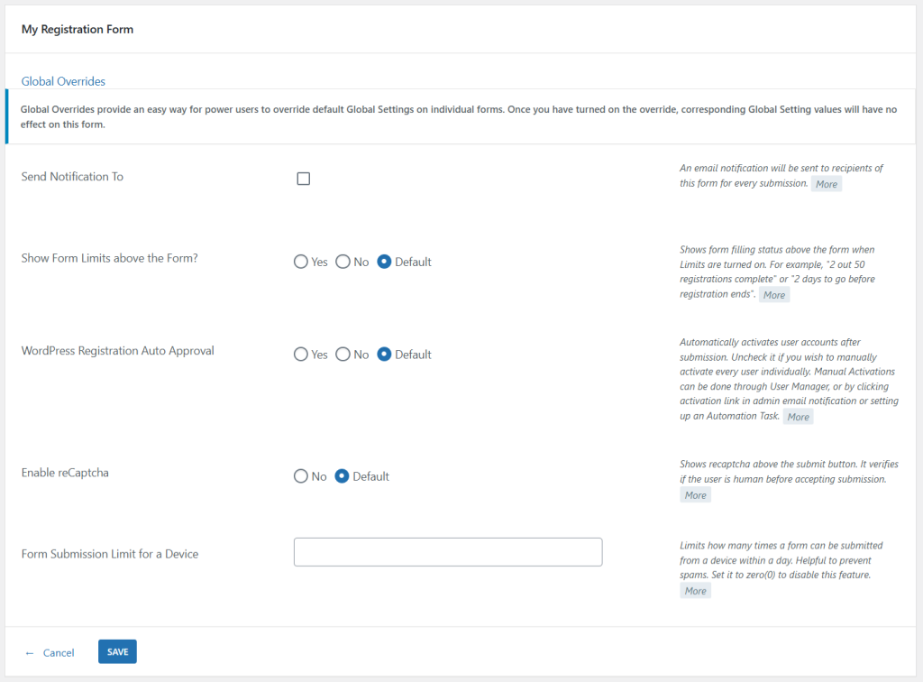 How to Override Global Settings in WordPress Forms - RegistrationMagic